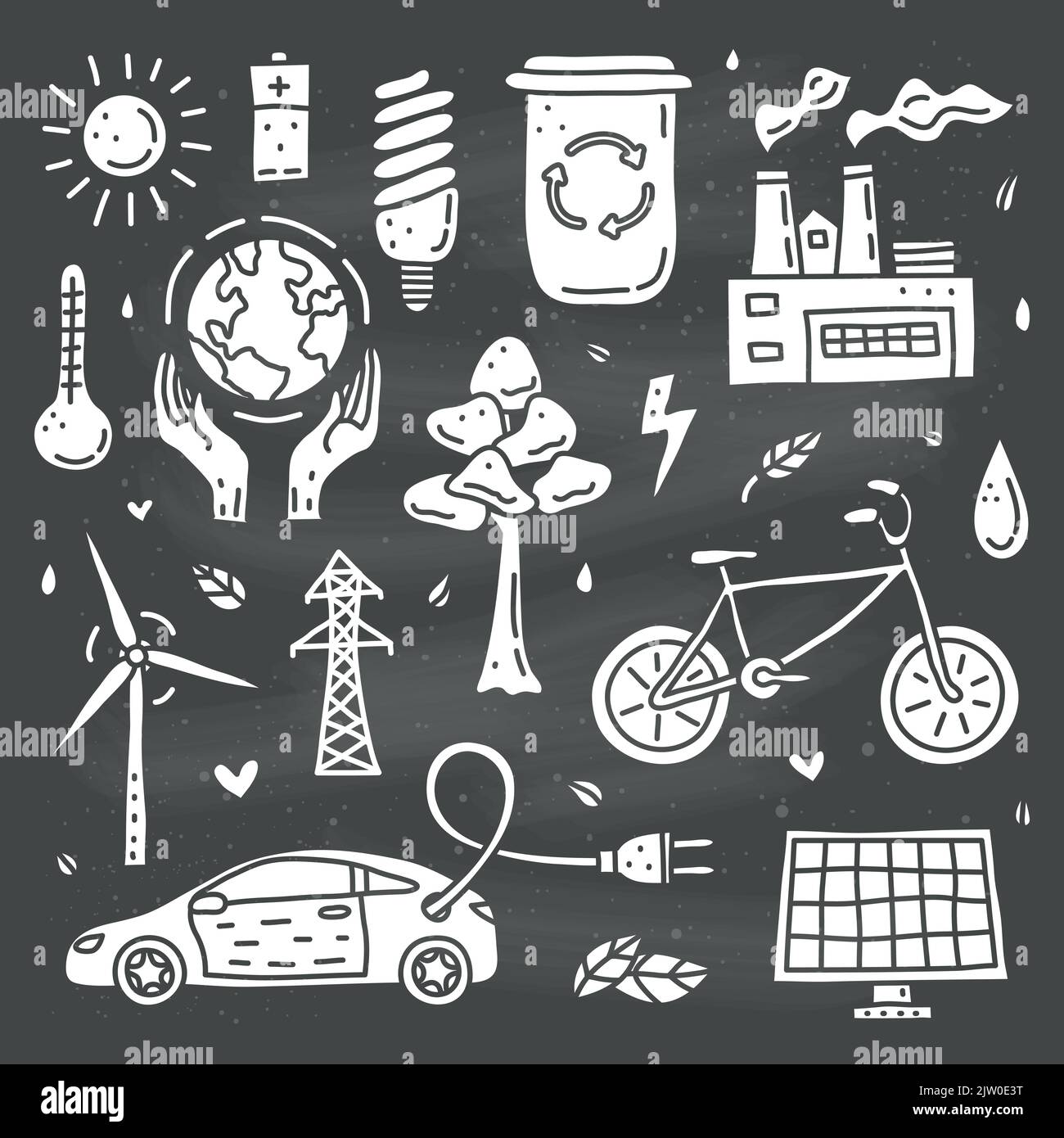 Set of doodle white ecology and environment icons isolated on the ...