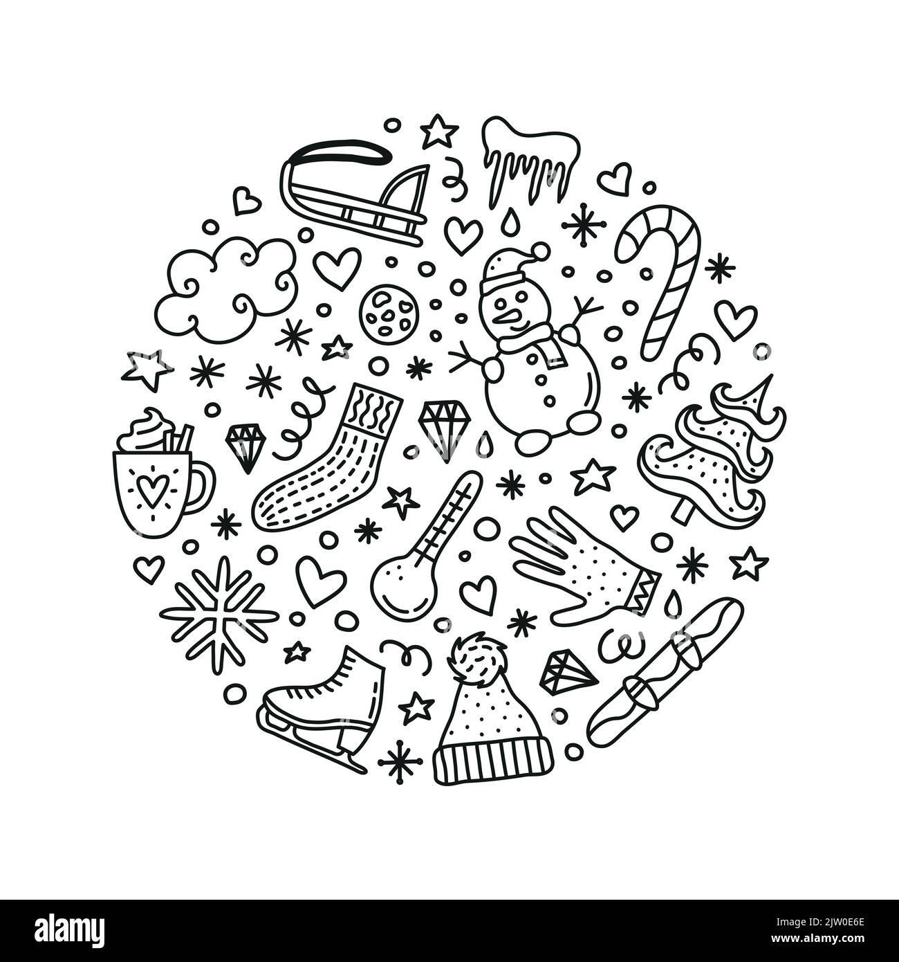 Cute doodle outline winter icons composed in circle shape Stock Vector ...