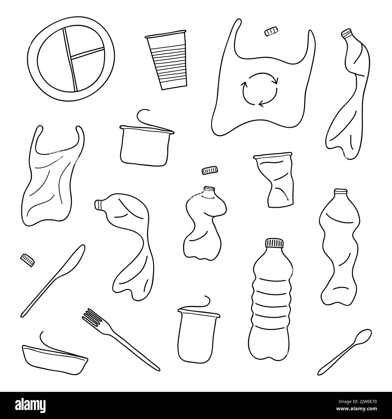 Set of hand drawn outline plastic trash isolated on white background ...