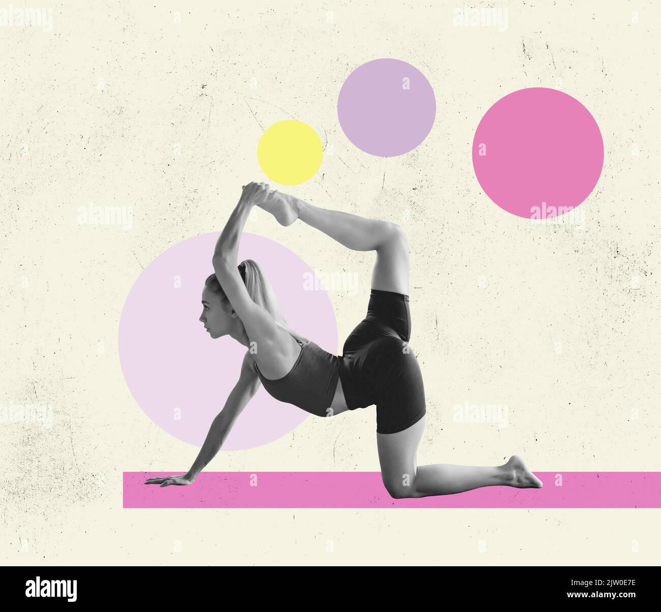 Contemporary art collage of young sportive girl doing yoga exercises ...