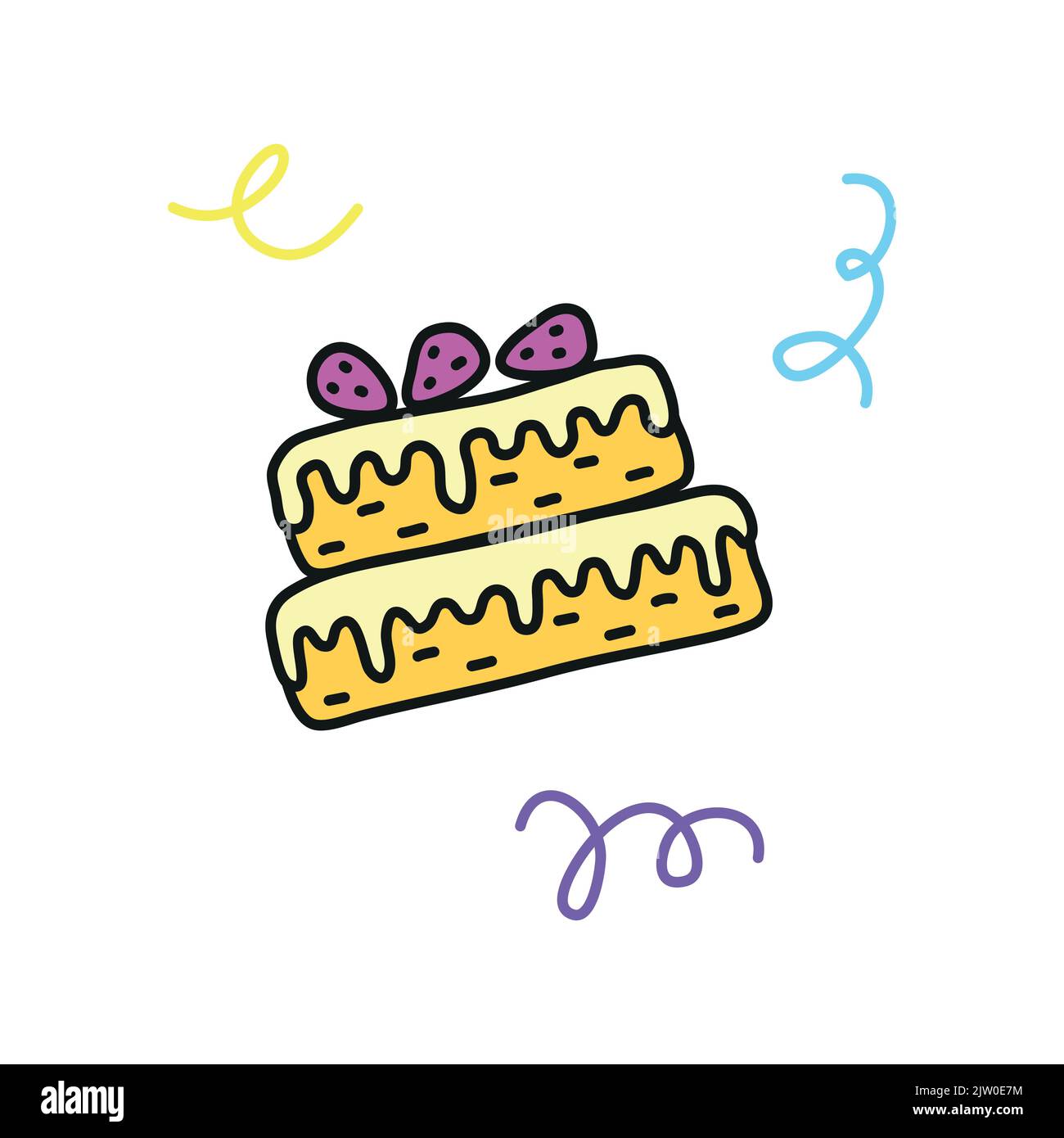 Cute doodle colored cake with cream, strawberries and swirls around ...