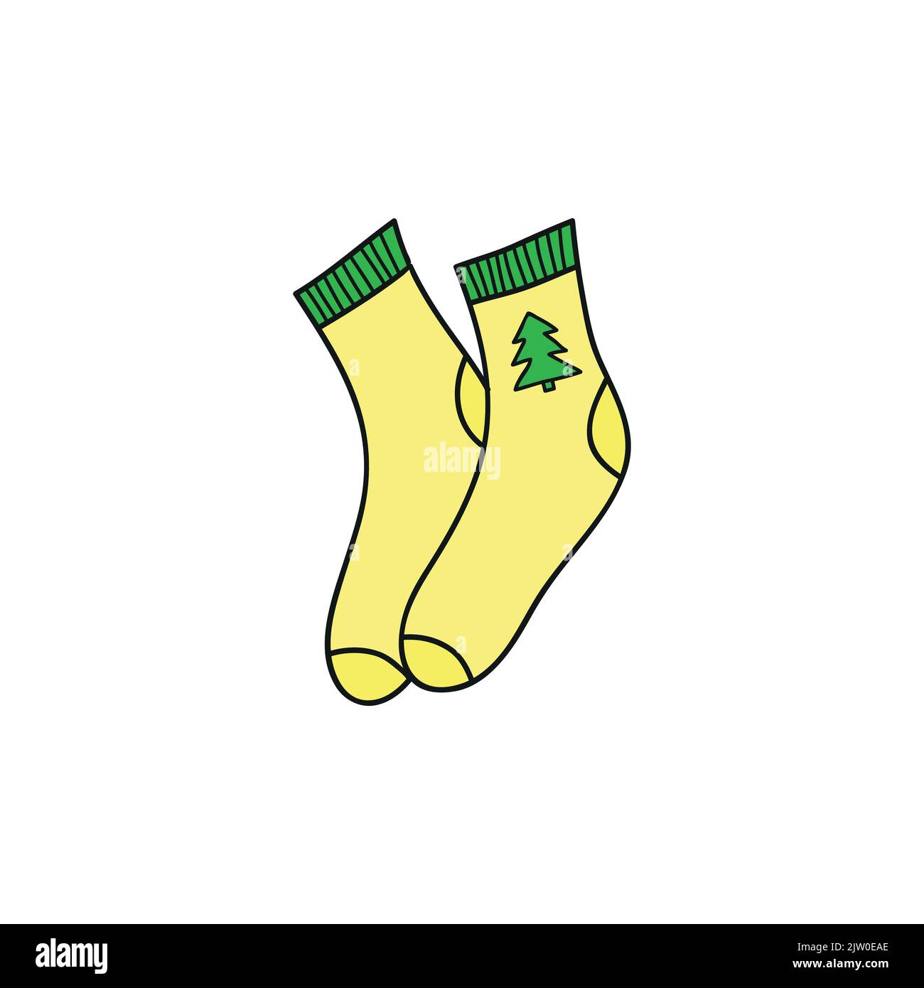 Hand drawn colored yellow socks with fir tree isolated on white ...