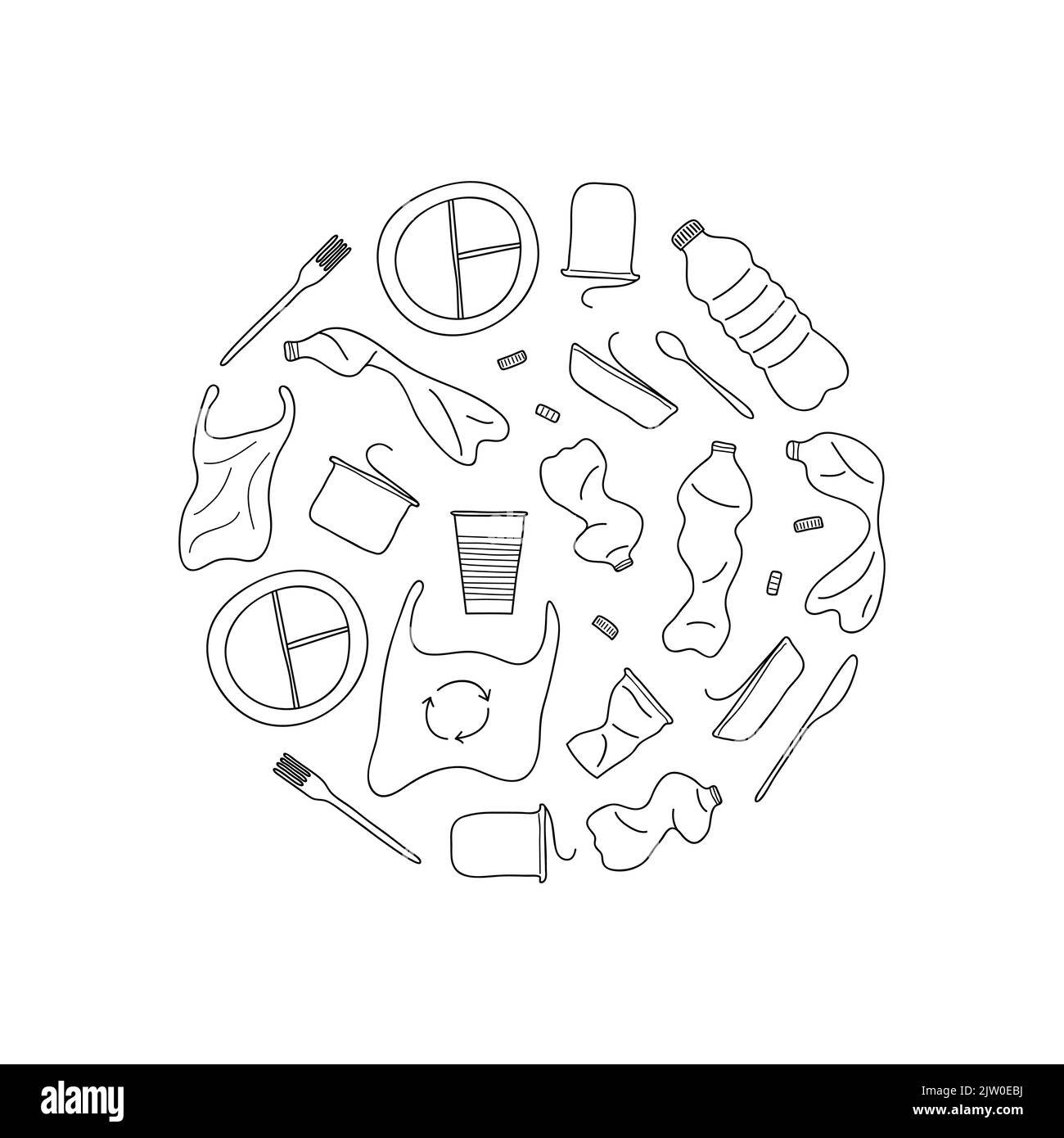 Hand drawn outline plastic trash composed in circle shape Stock Vector ...