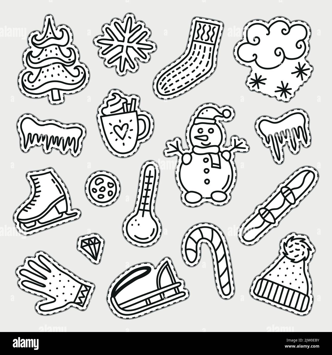 Set of uncolored stickers or patches with winter icons isolated on grey ...