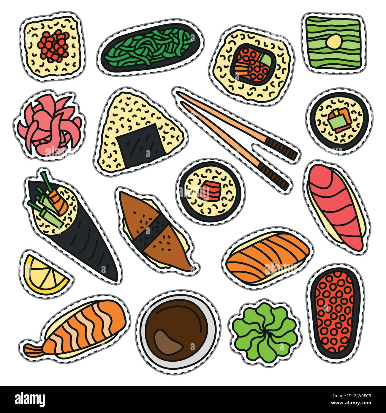 Set of doodle colored stickers or patches with sushi and rolls isolated ...