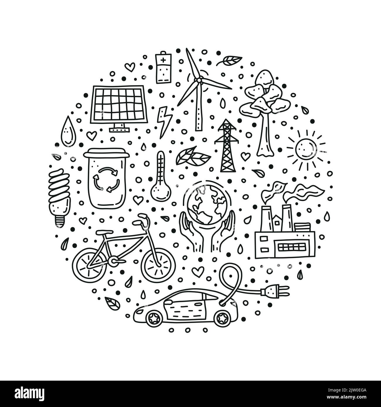 Doodle outline ecology and environment icons composed in circle shape ...