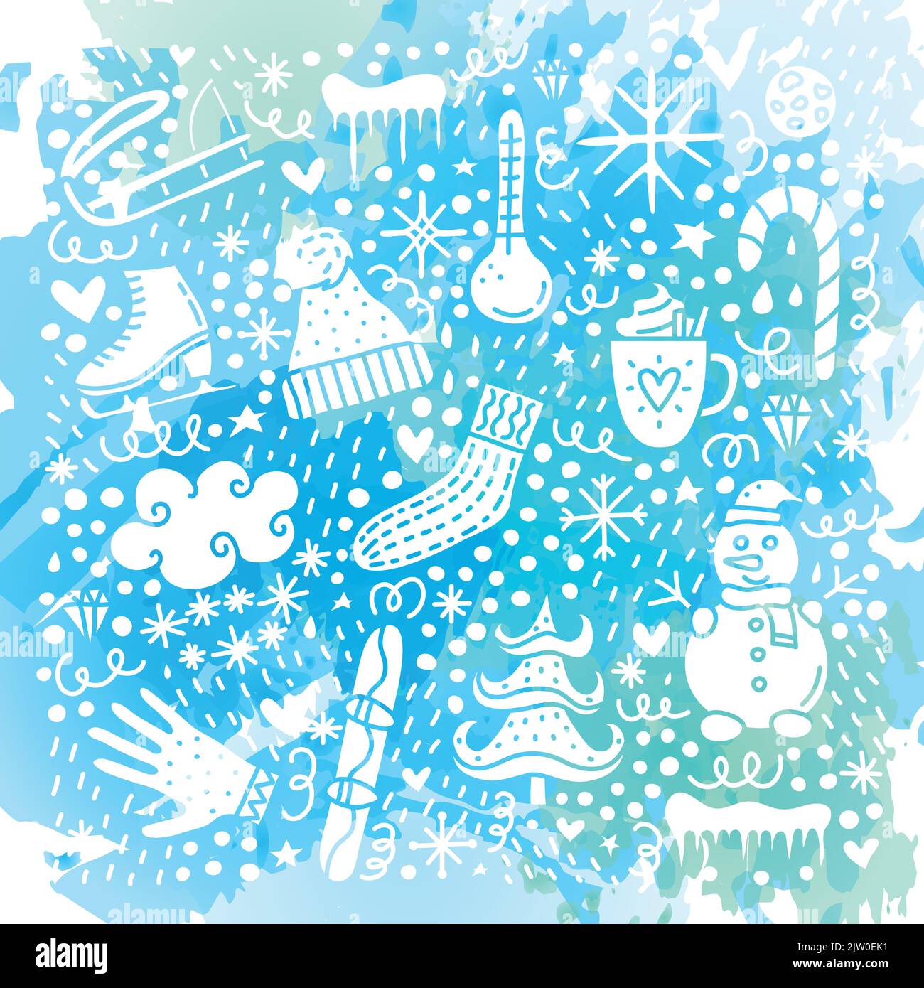 Poster with cute doodle winter icons on cerylean blue watercolor ...