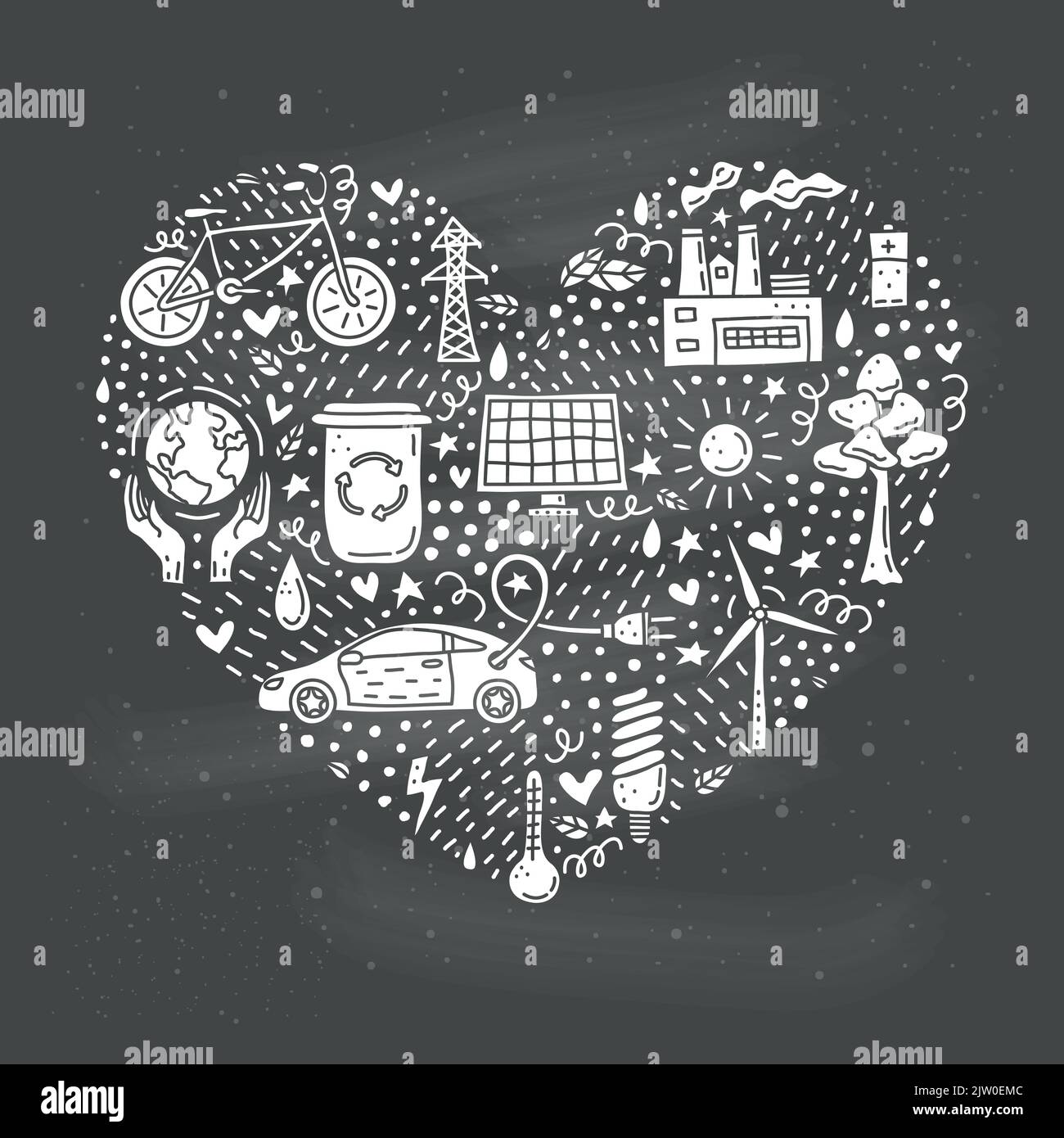 Doodle white ecology and environment icons composed in heart shape on ...
