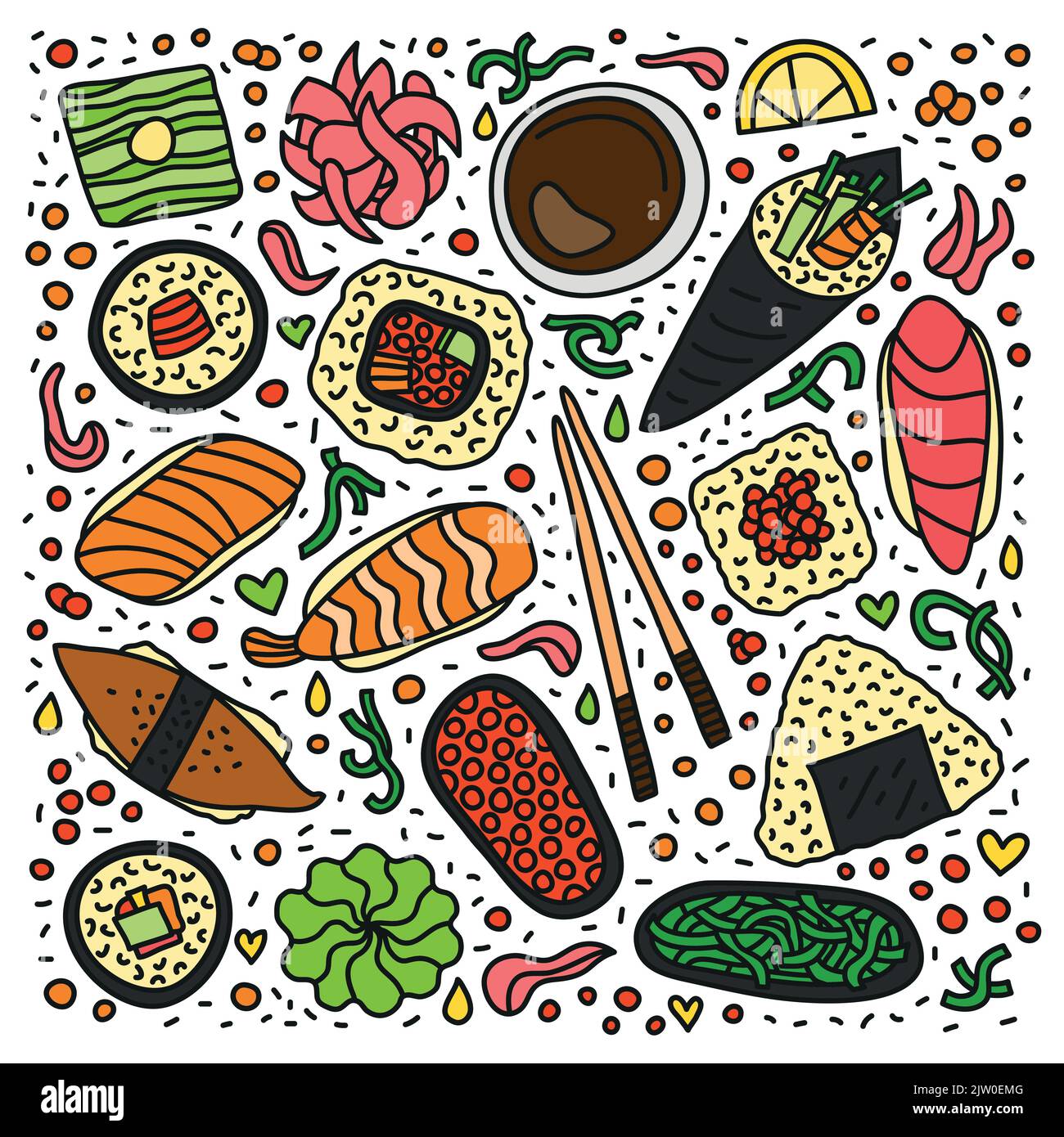 Doodle colored sushi, rolls, chopsticks, wasabi, ginger and symbols ...