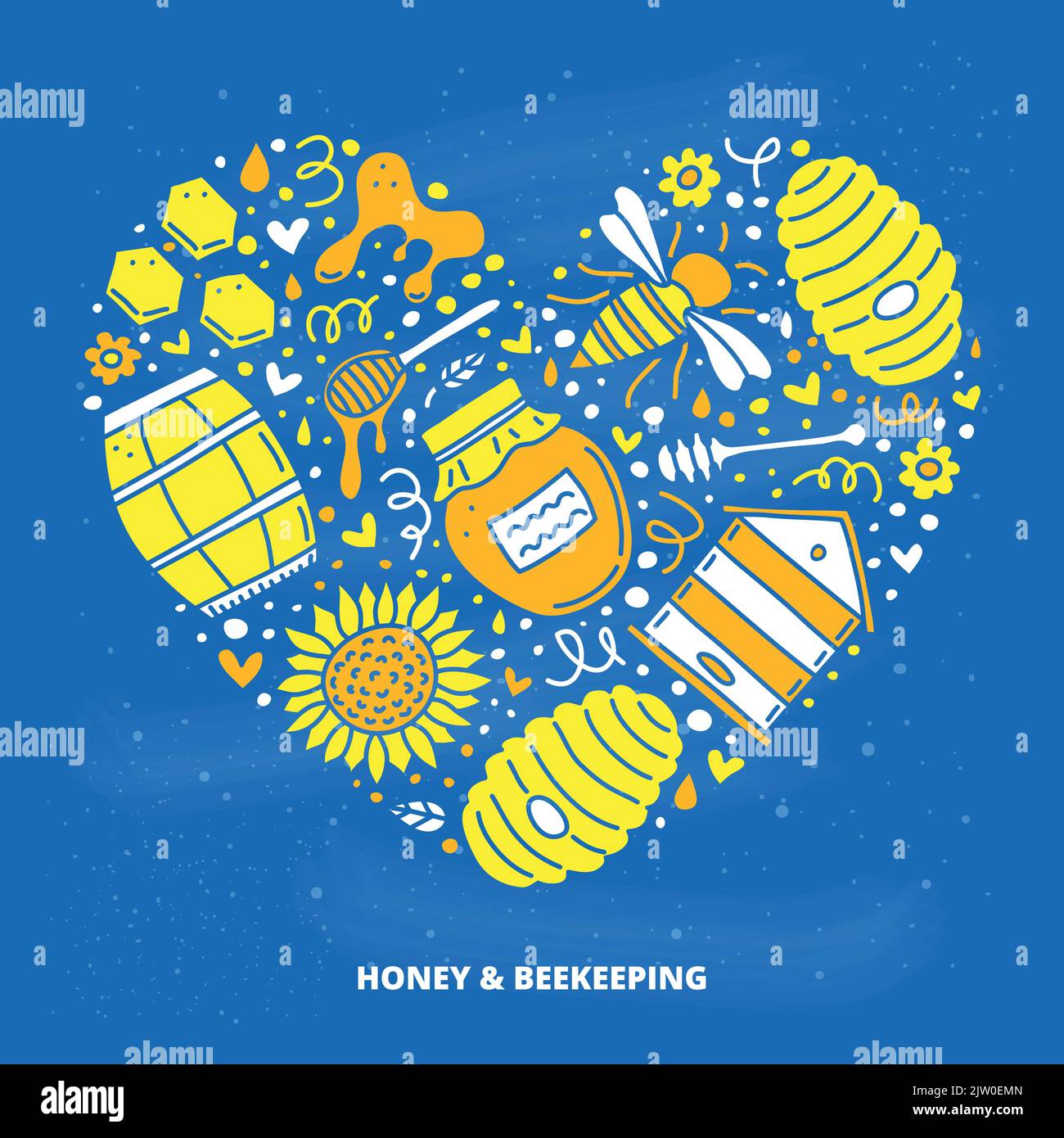 Cute honey colorful doodles with lines, dots, symbols composed in heart ...