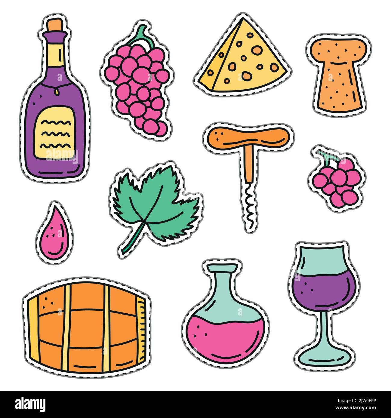Set of colorful stickers or patches with wine icons isolated on white ...