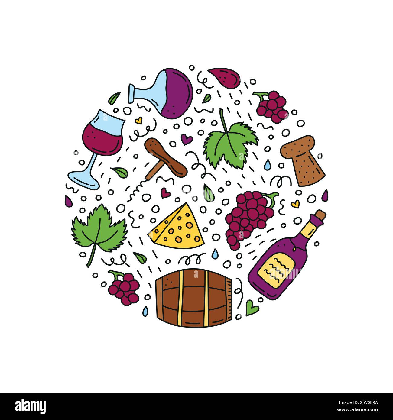 Doodle colored wine icons composed in circle shape on white background ...