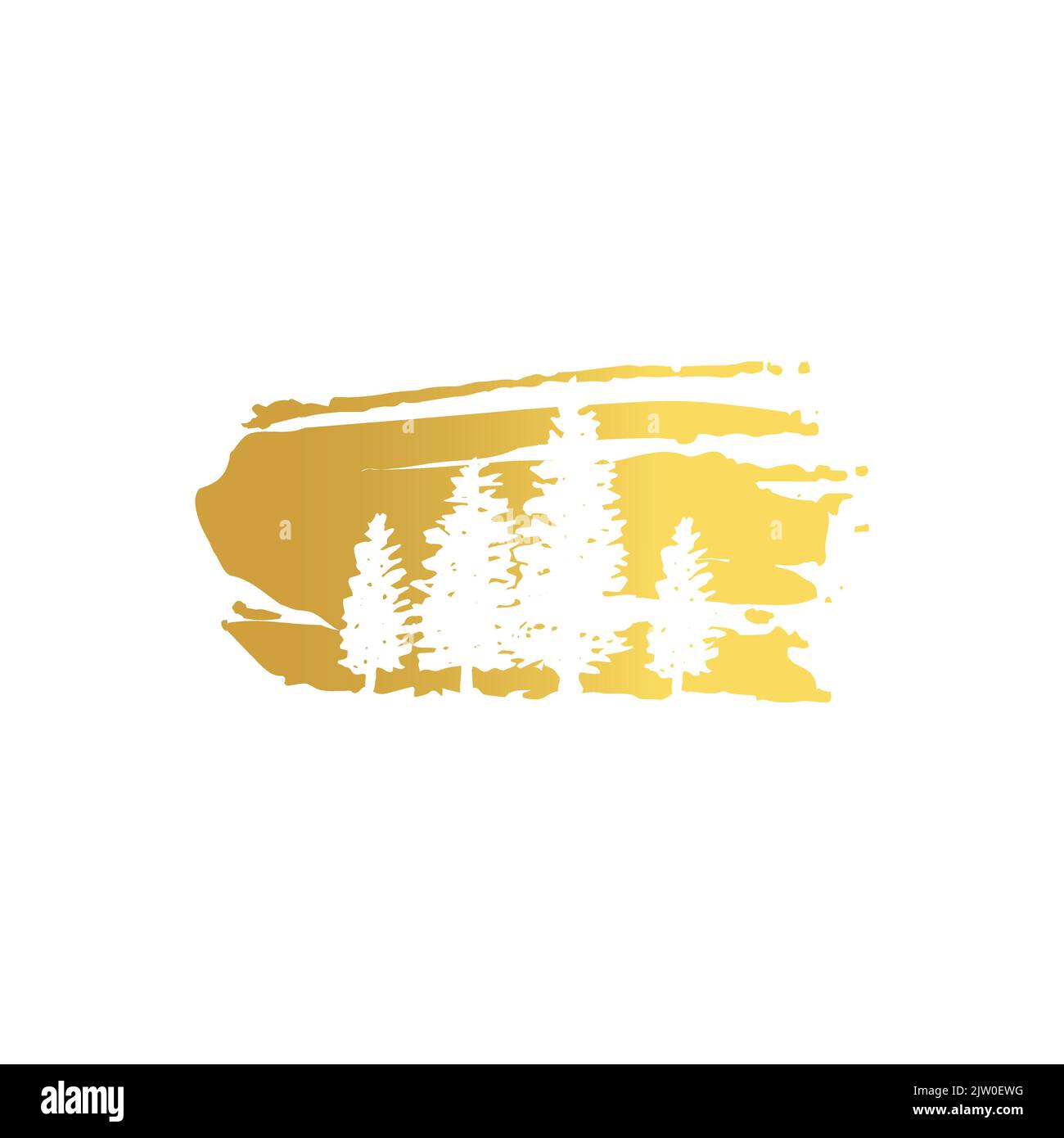 Group of hand painted fir trees or pines on golden brush stroke ...