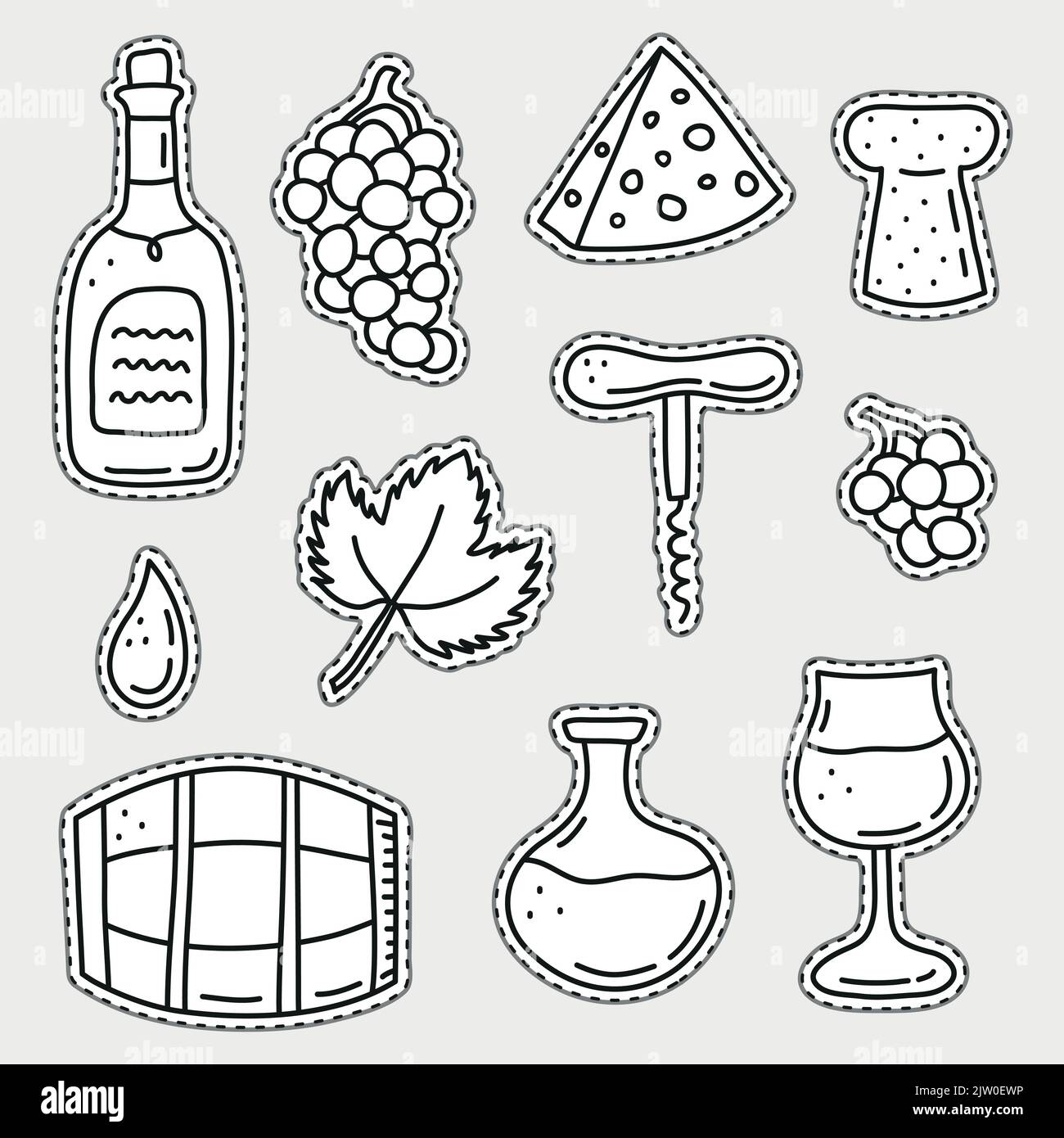 Set of uncolored stickers or patches with wine icons isolated on grey ...