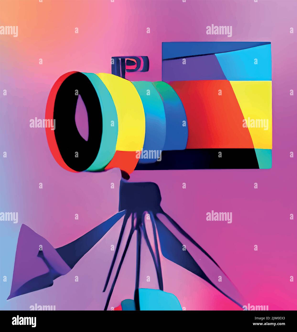 Digital camera on a stand isolated on purple pink gradient background ...