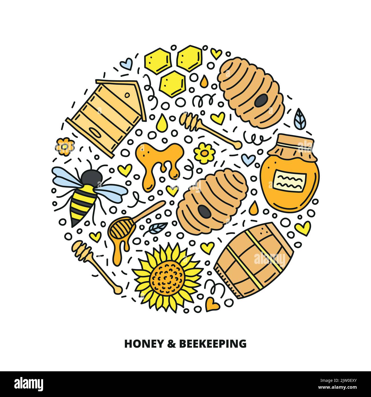 Cute honey colored doodles with lines, dots, symbols composed in circle ...