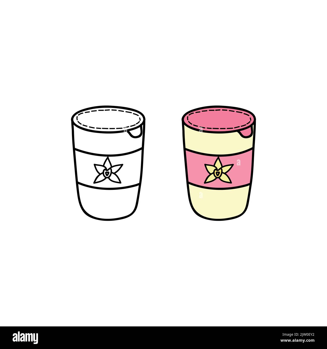 Hand drawn outline and colored vanilla yogurt isolated on white ...