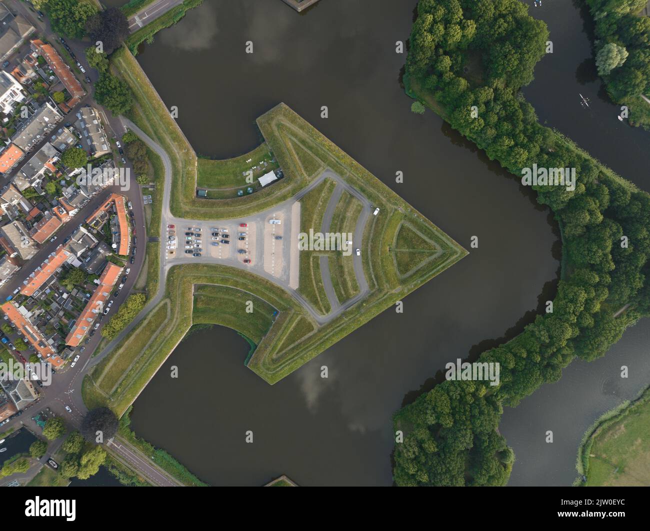 Fortified ancient old historic town of Naarden Vesting overhead aerial ...