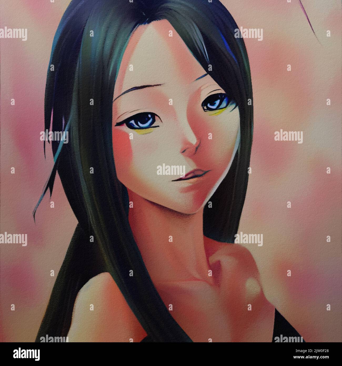 Pretty anime girl portrait. Beautiful woman oil painting print. Fantasy ...