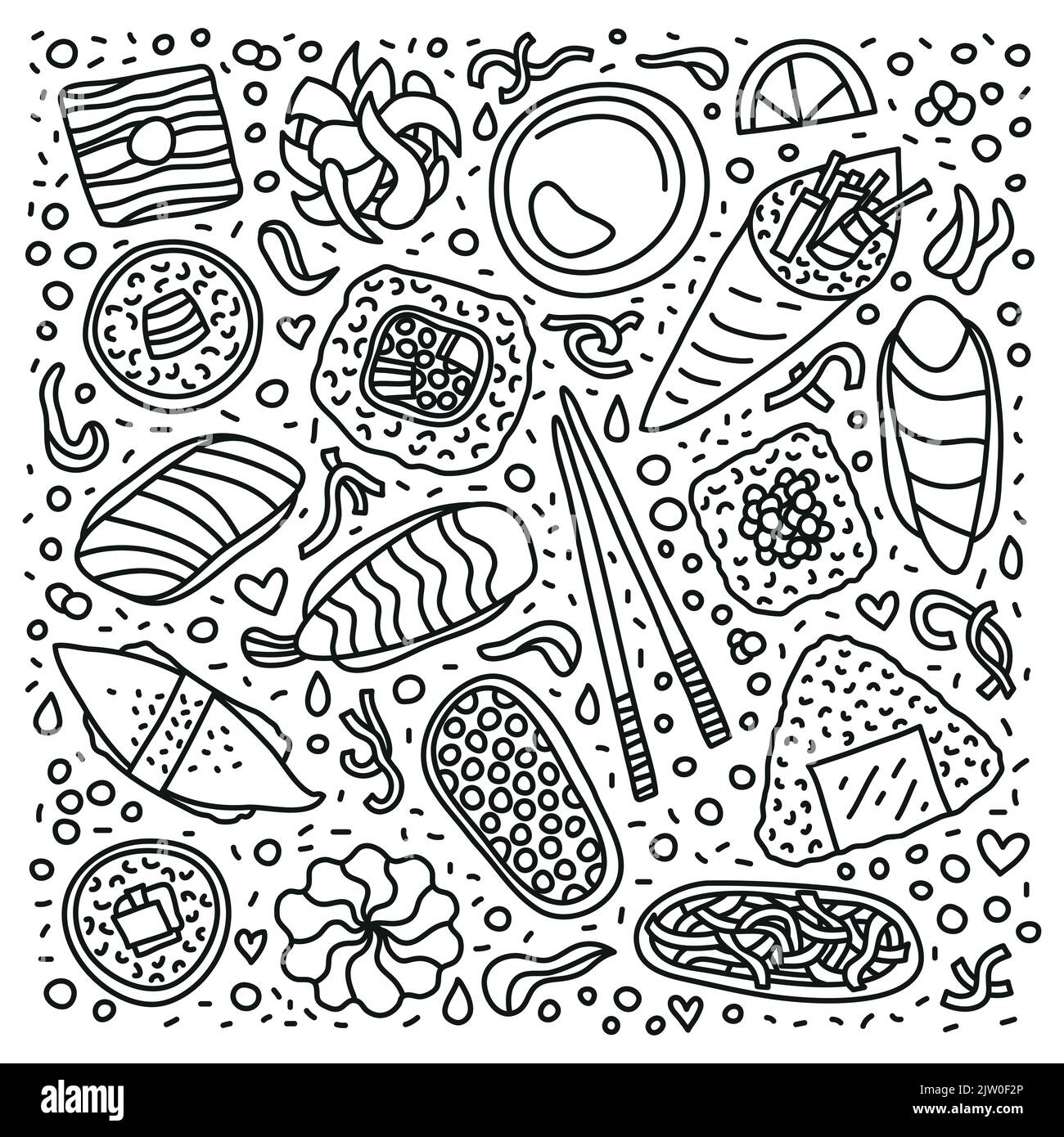 Doodle outline sushi, rolls, chopsticks, wasabi, ginger and symbols ...