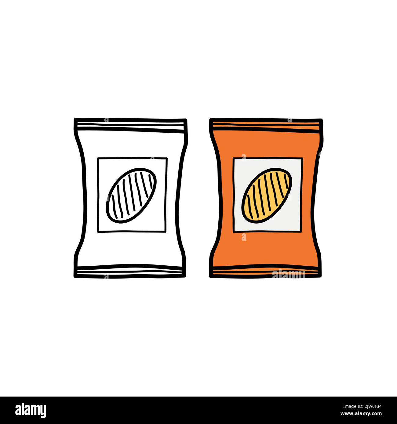 Hand drawn outline and colored potato chips in pack isolated on white ...