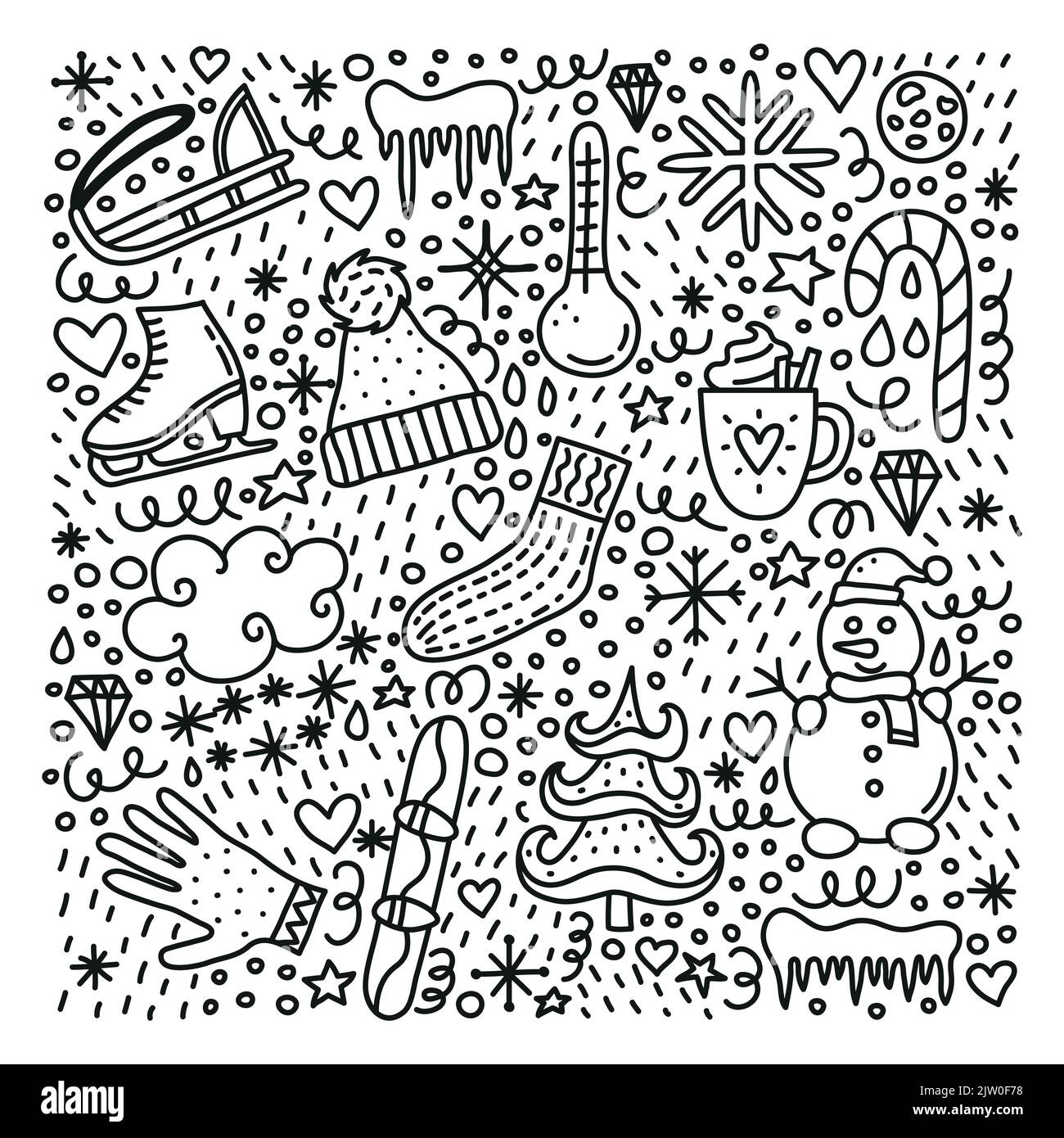 Cute doodle outline winter icons isolated on white background Stock ...