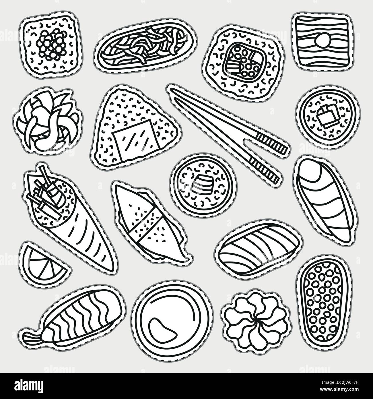 Set of doodle uncolored stickers or patches with sushi and rolls ...