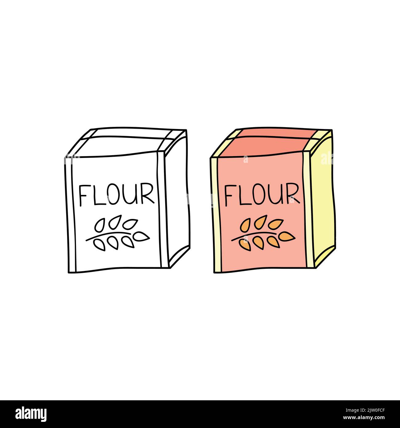 Doodle outline and colored pack of flour isolated on white background ...