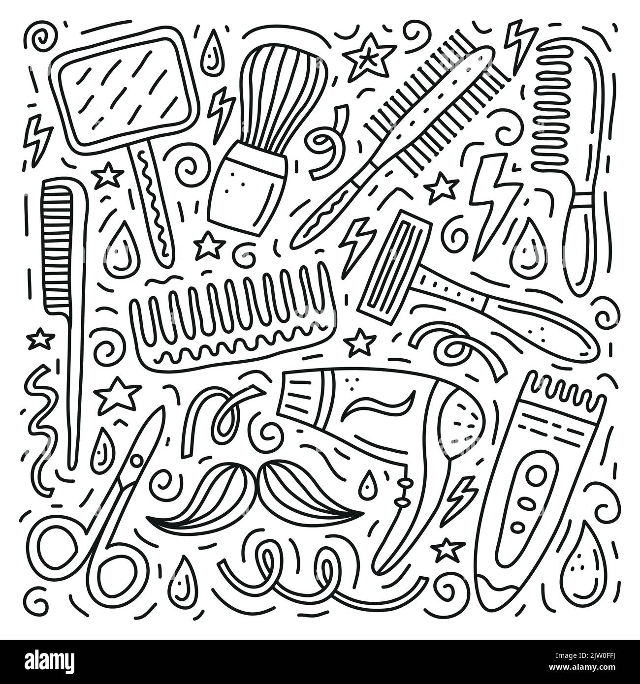 Set of barber shop doodle outline icons with lines, symbols around ...
