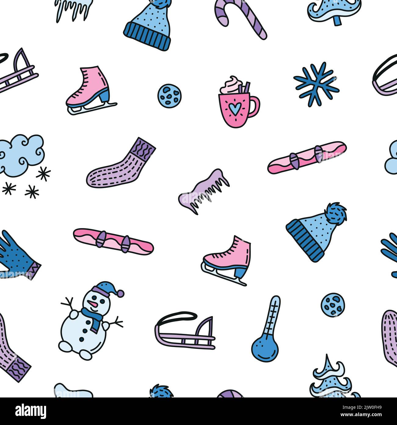 Seamless pattern with cute doodle colored winter icons in blue and pink ...
