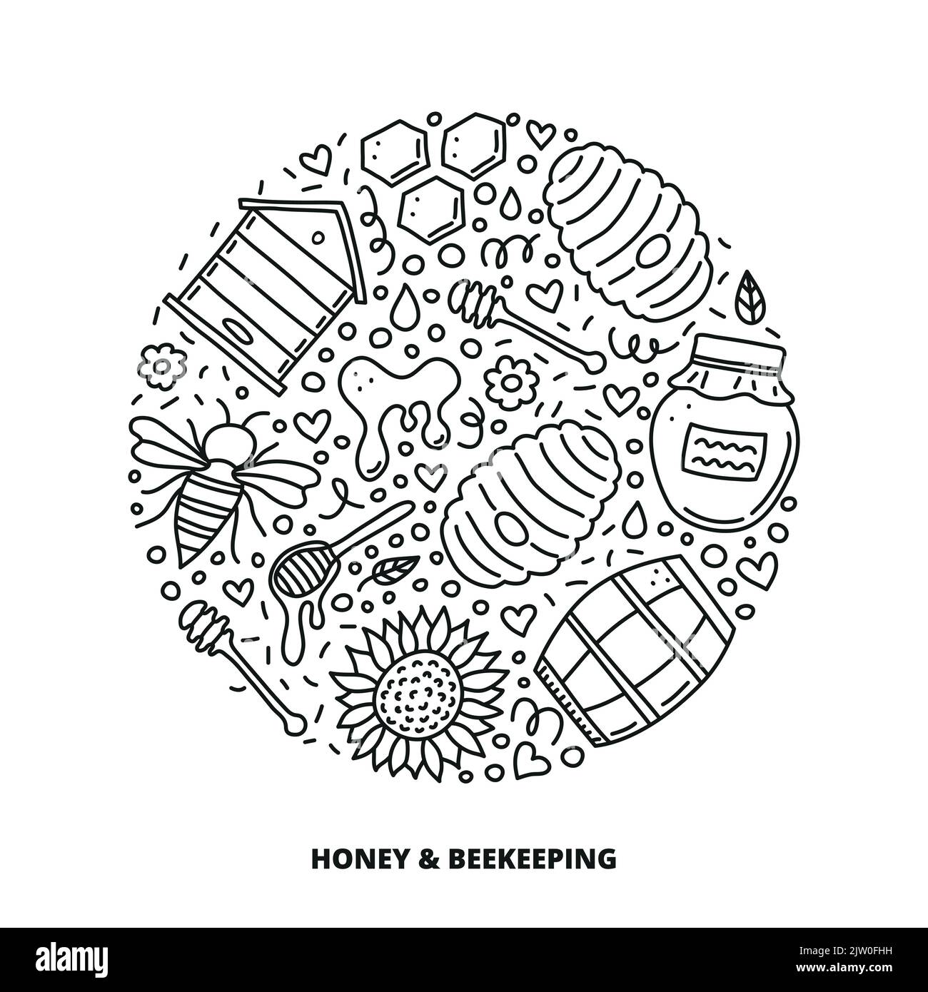 Cute honey outline doodles with lines, dots, symbols composed in circle ...