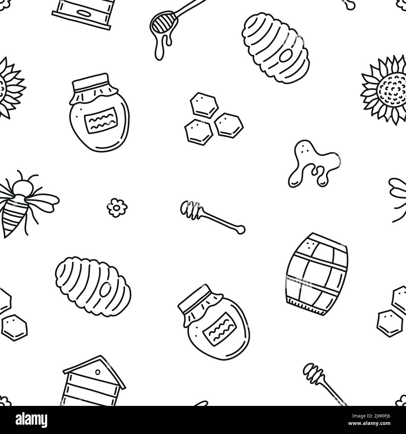 Black and white seamless pattern with outline honey doodles Stock ...