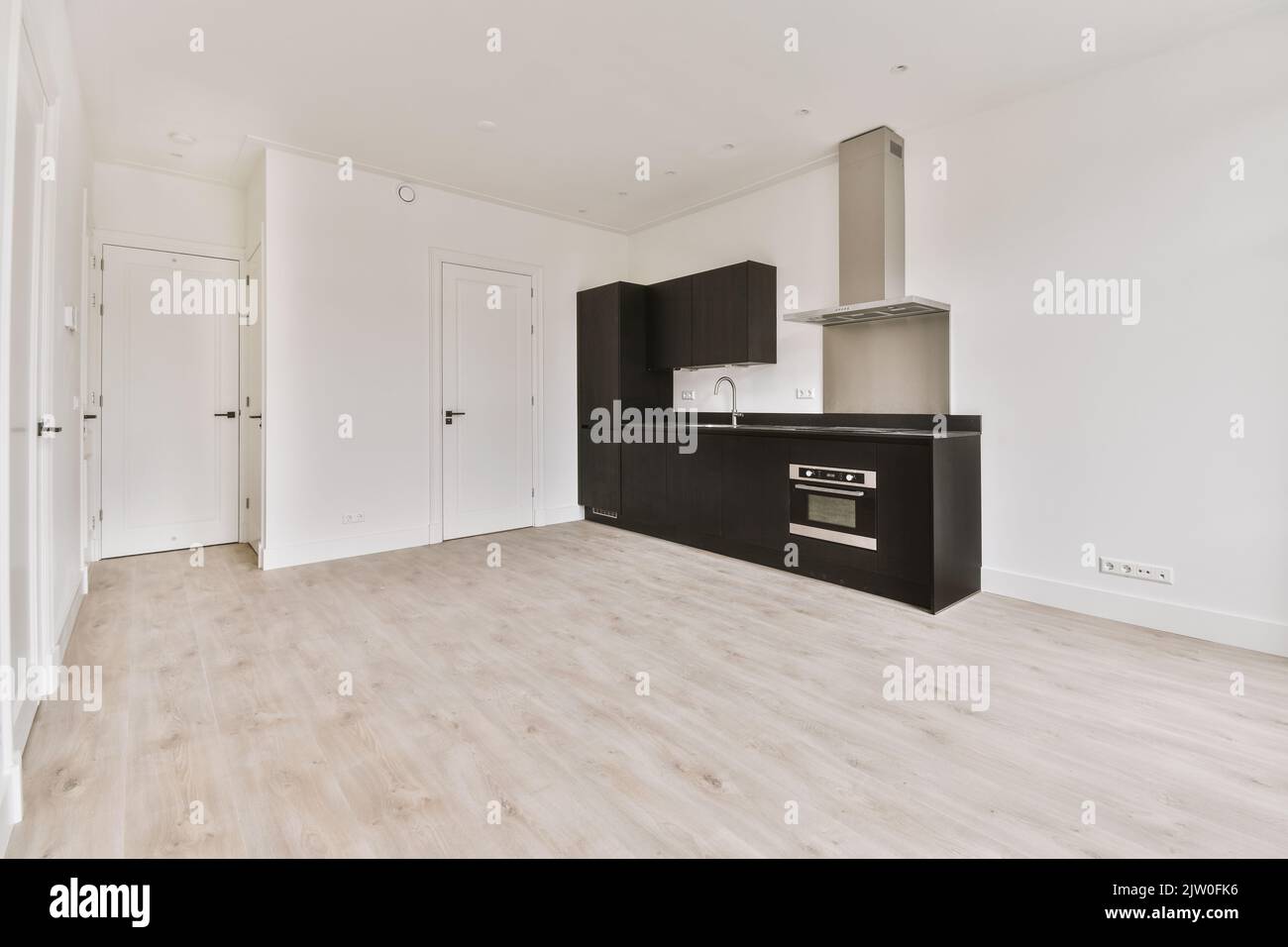Interior of empty white kitchen with windows and wooden parquet floor ...