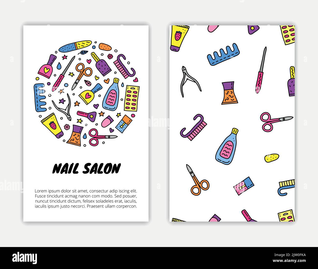 Card templates with doodle colored nail salon icons. Used clipping mask ...