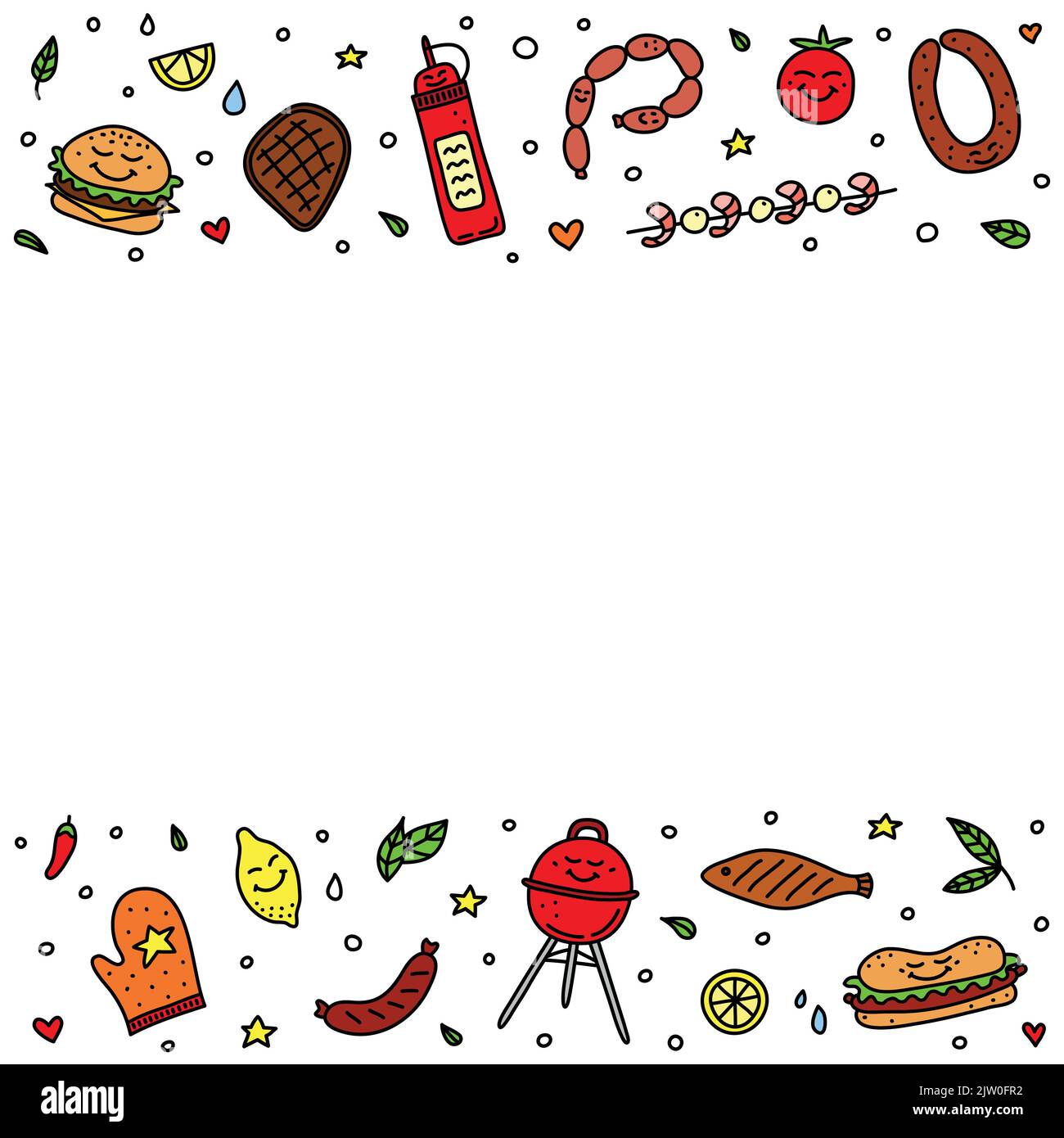 Poster with cute doodle colored barbecue and picnic icons, lines ...