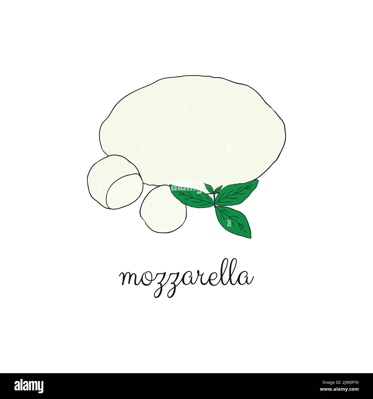 Hand drawn mozzarella cheese with basil isolated on white background ...