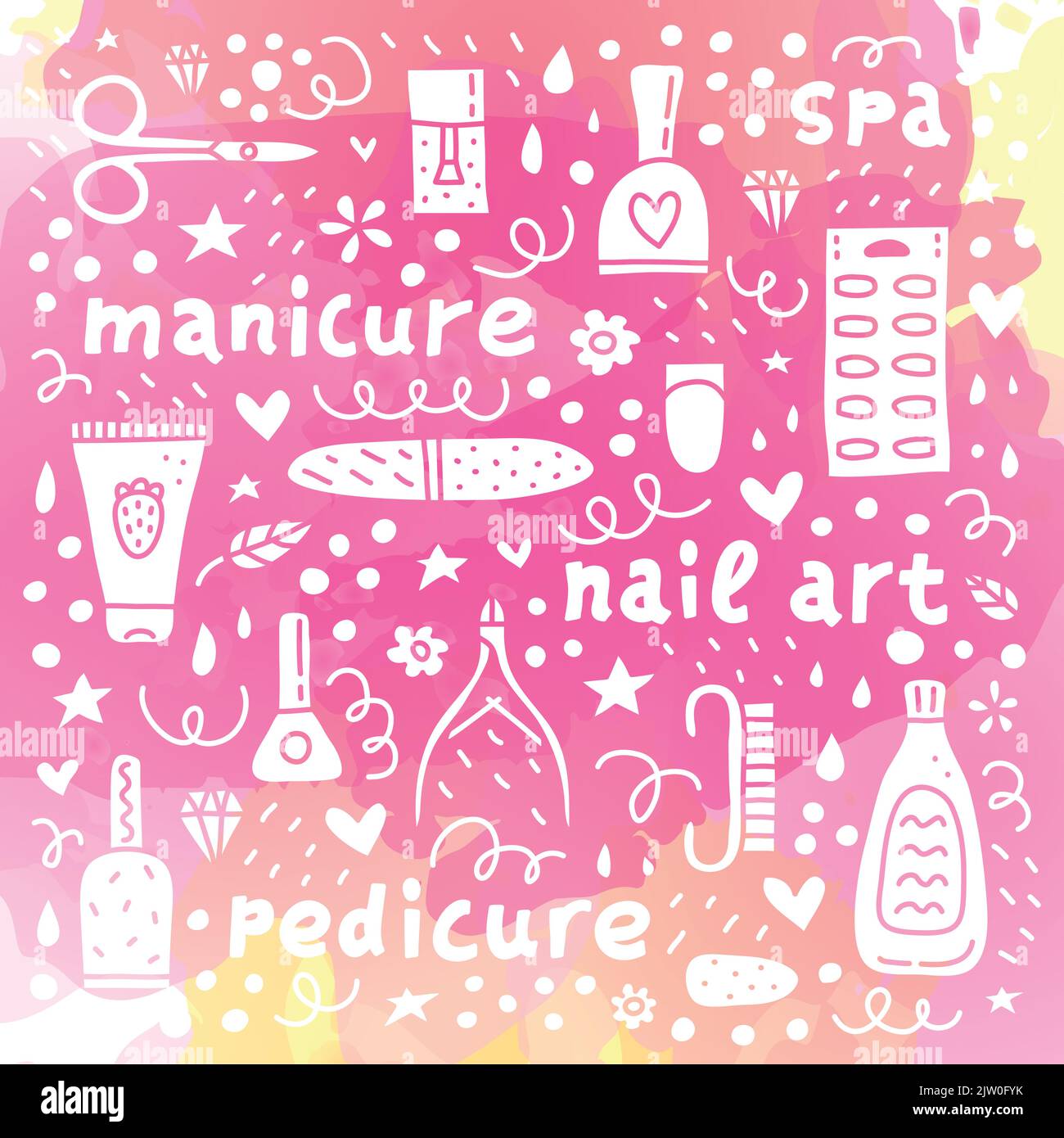 Poster with cute doodle nail salon icons on pink watercolor background ...