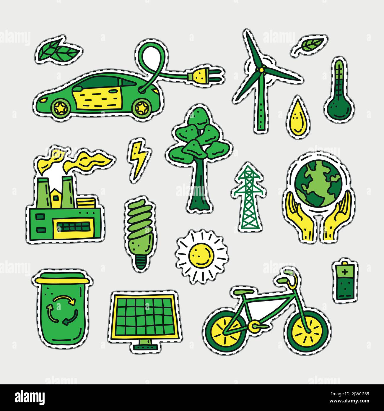 Set of doodle colorful ecology and environment stickers or patches ...