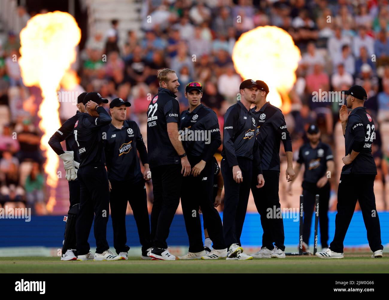 Manchester Originals' Paul Walter celebrates taking the wicket of ...