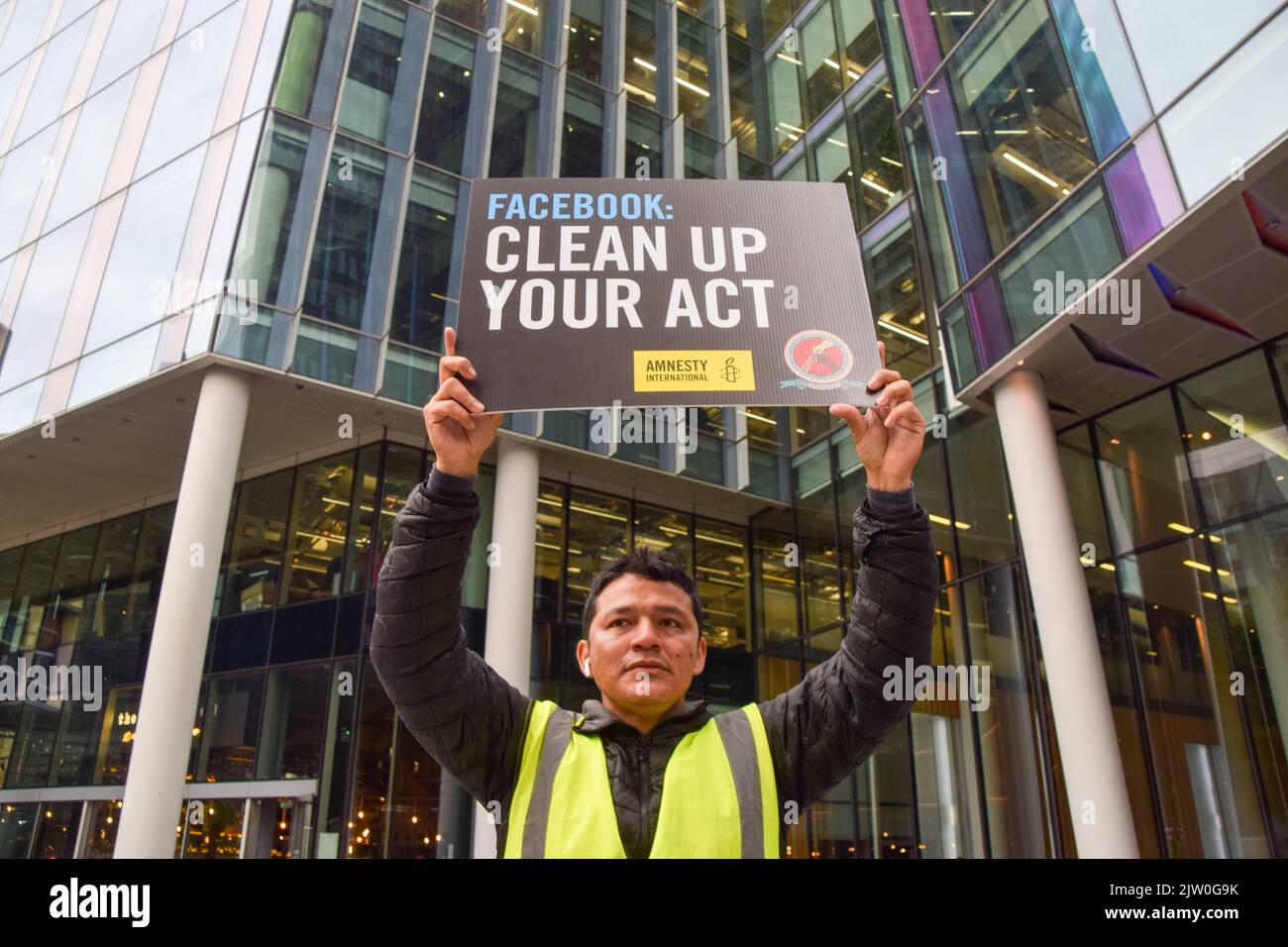 London, England, UK. 2nd Sep, 2022. GUILLERMO CAMACHO holds up a placard which reads ''Facebook ...
