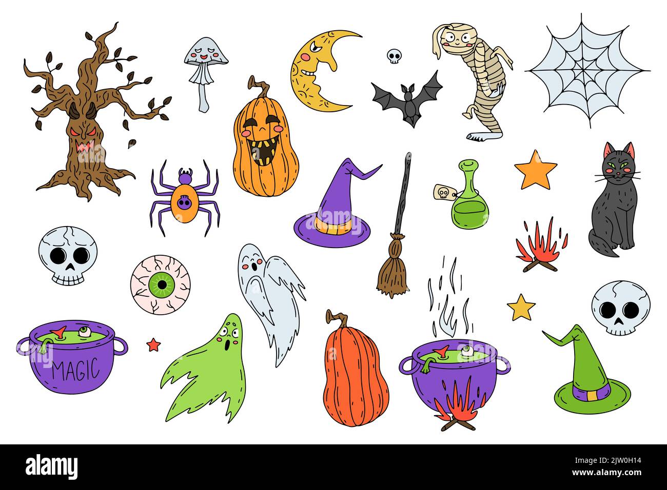 Hand drawn line art sute Halloween illustrations set on white ...
