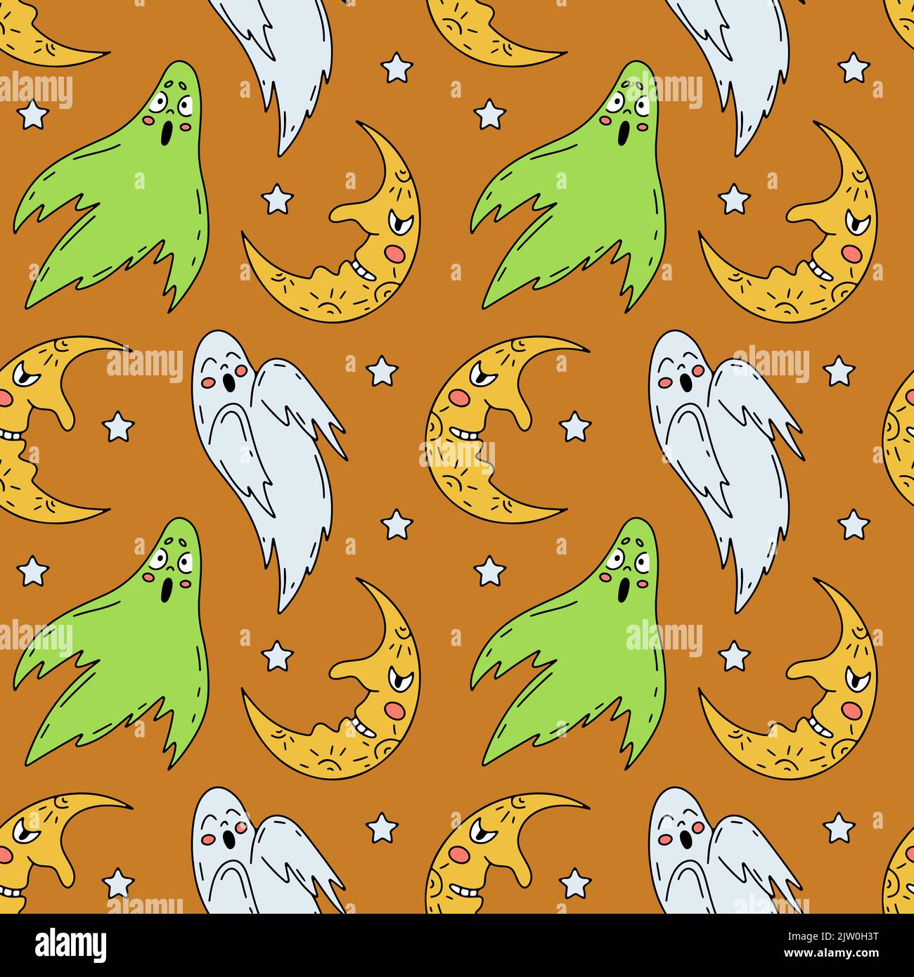 Halloween seamless pattern with cute cartoon ghosts and half moons on ...