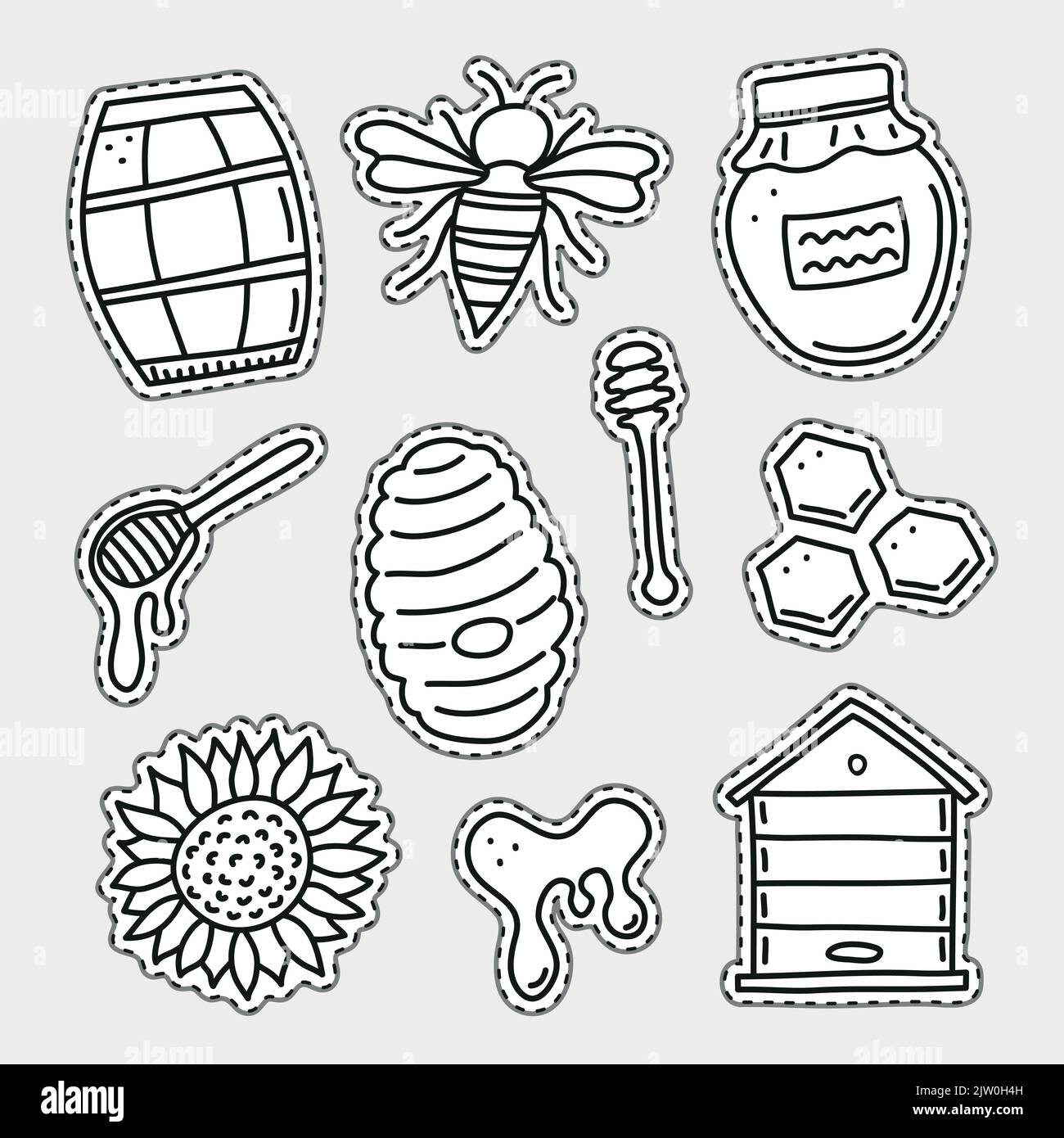 Set of uncolored honey stickers or patches isolated on grey background ...