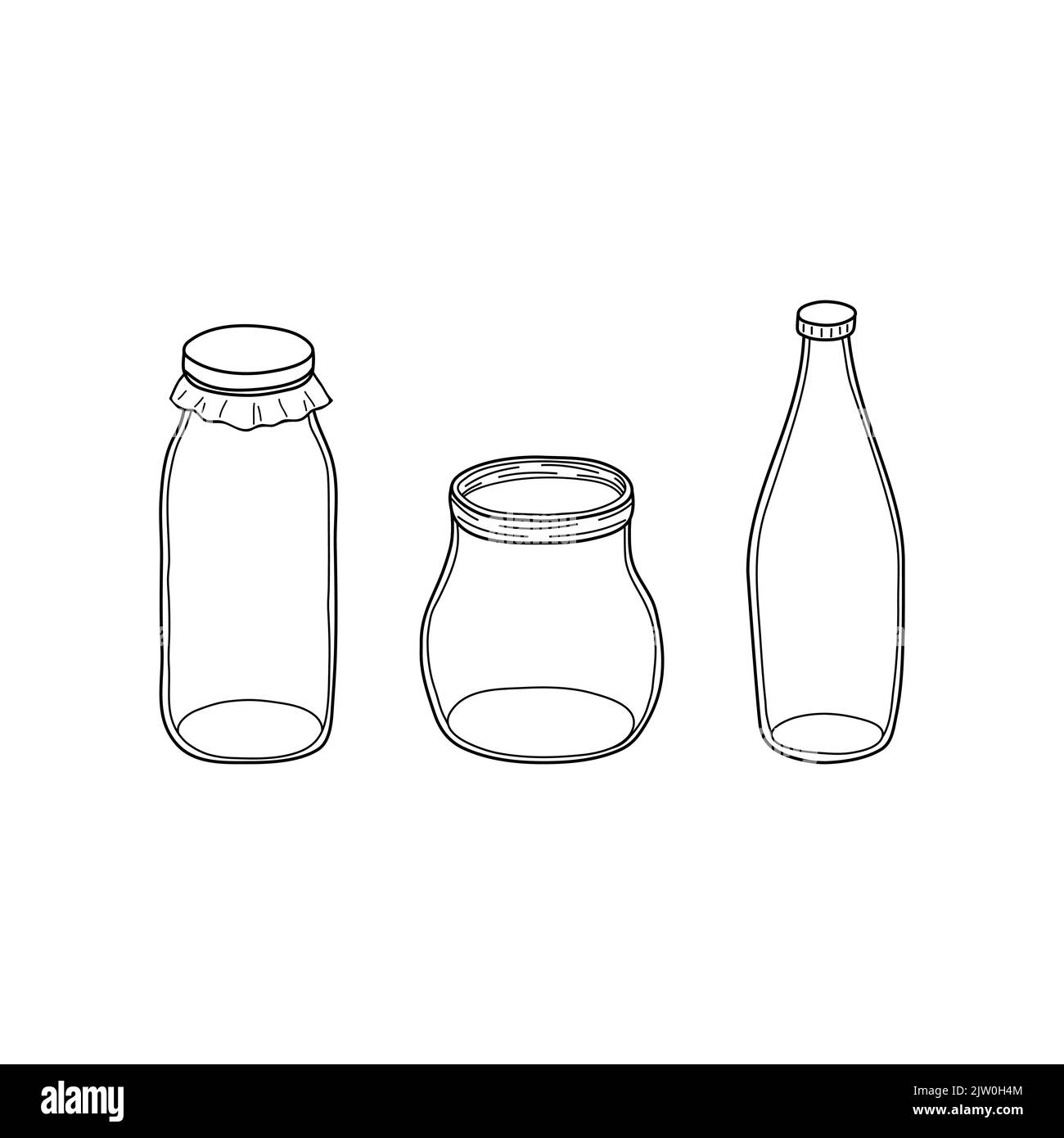 Hand drawn outline empty glass bottles isolated on white background ...