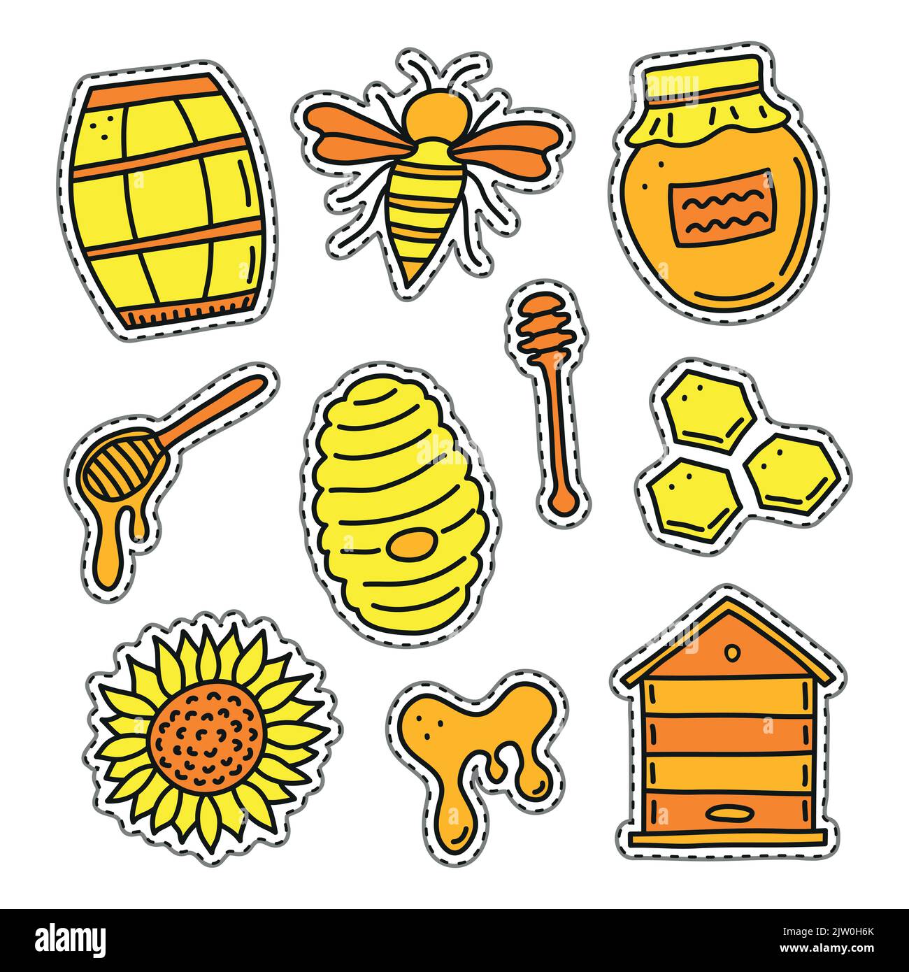 Set of colored honey stickers or patches isolated on white background ...