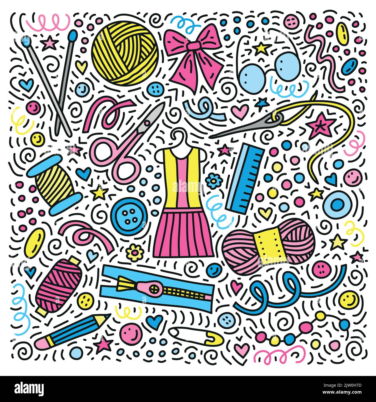 Set of colored hand made doodles with symbols around isolated on white ...