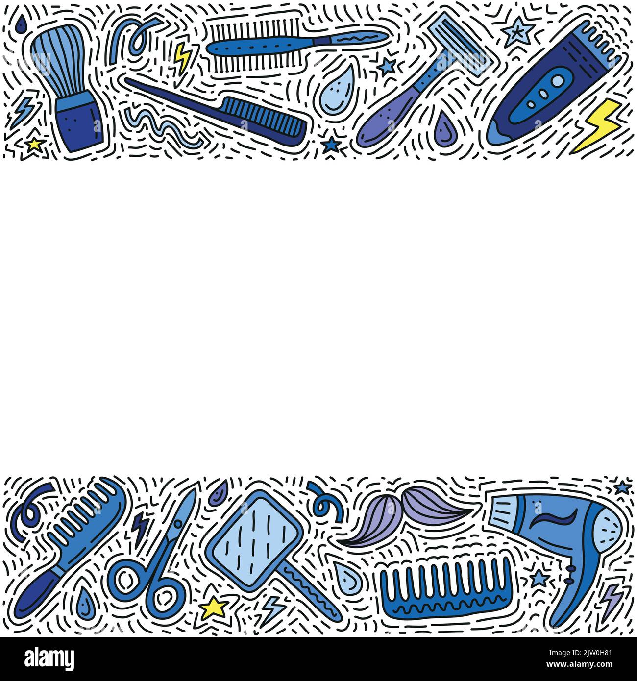 Poster with colored barber shop doodle icons with lines, swirls ...