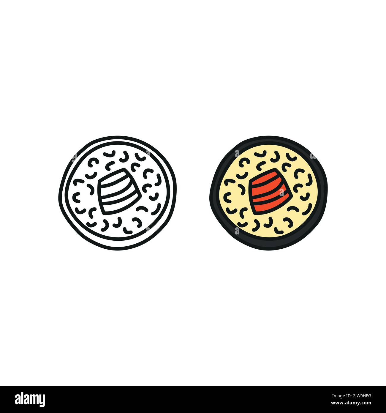 Doodle outline and colored maki sushi with salmon fish isolated on ...