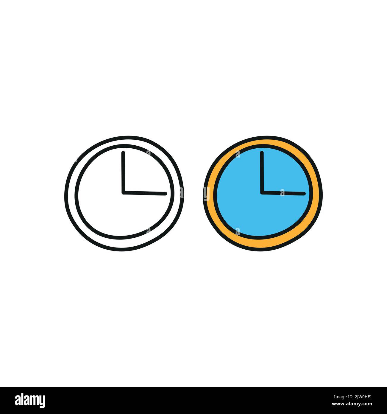 Doodle outline and colored round clock icon isolated on white ...