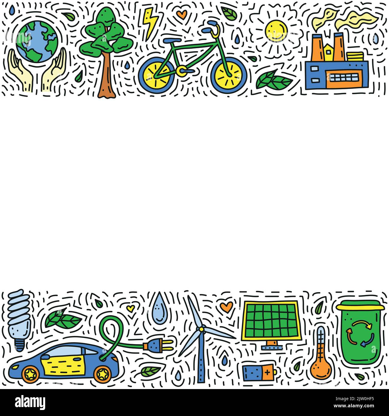 Poster with colored ecology doodle icons with lines, swirls, symbols ...